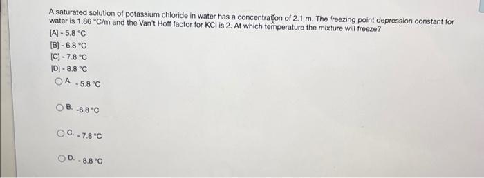 Solved A saturated solution of potassium chloride in water | Chegg.com