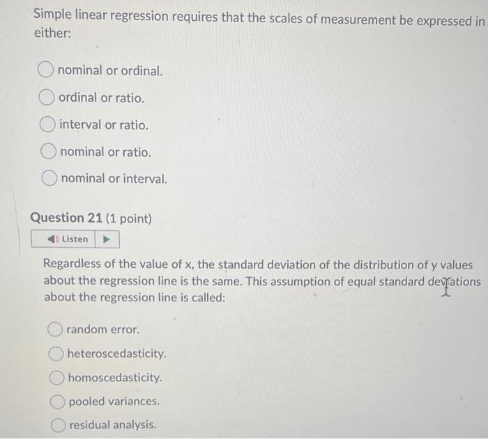 Solved Simple linear regression requires that the scales of | Chegg.com