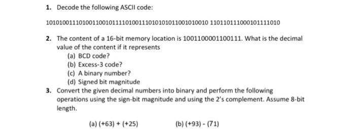 Solved 1. Decode the following ASCII code: | Chegg.com