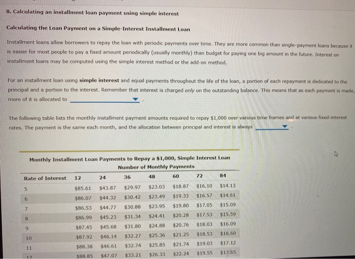 Solved 8. Calculating an installment loan payment using | Chegg.com