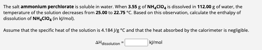 Solved The salt ammonium perchlorate is soluble in water. | Chegg.com