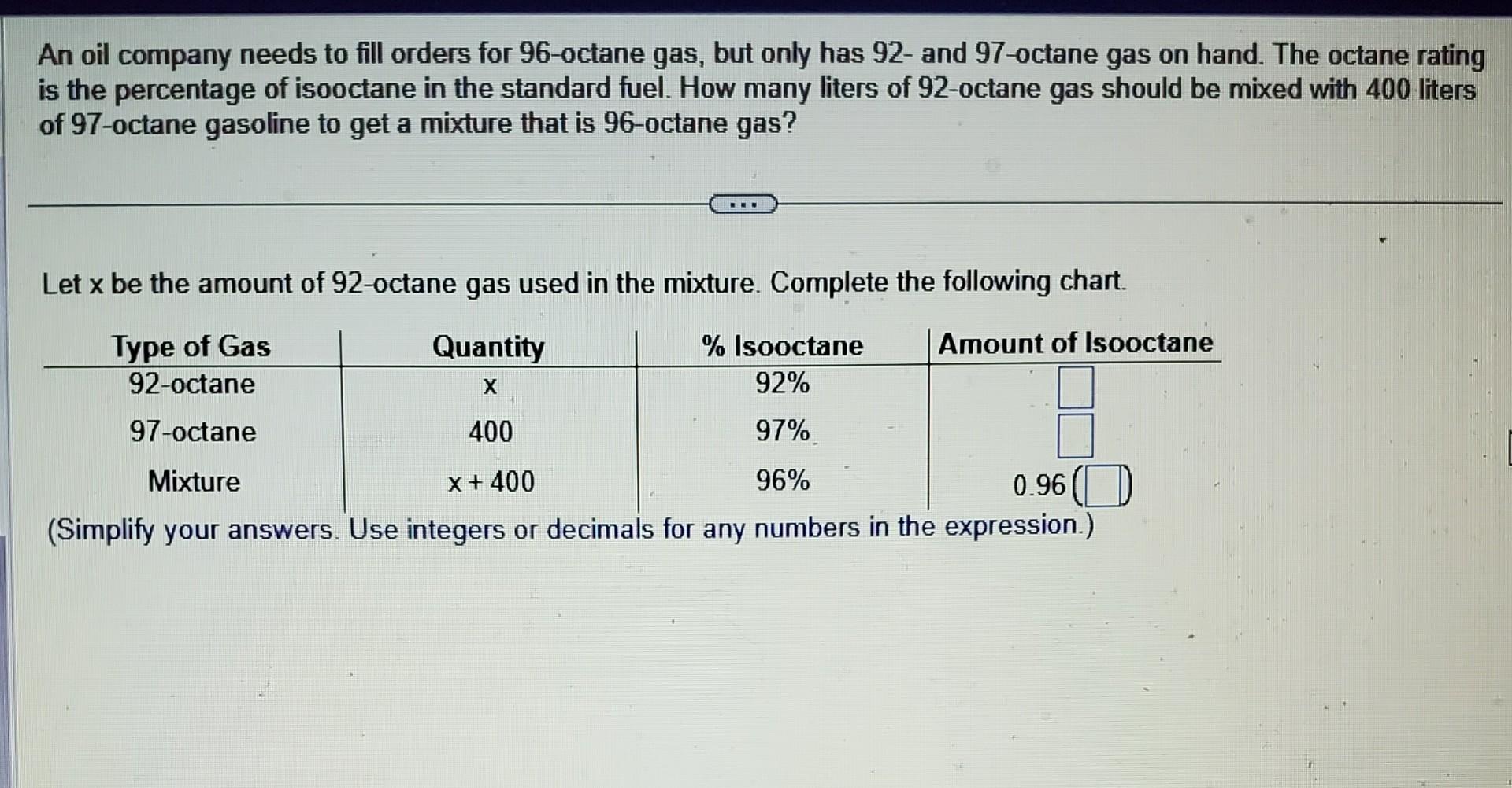 Solved An oil company needs to fill orders for 96-octane | Chegg.com