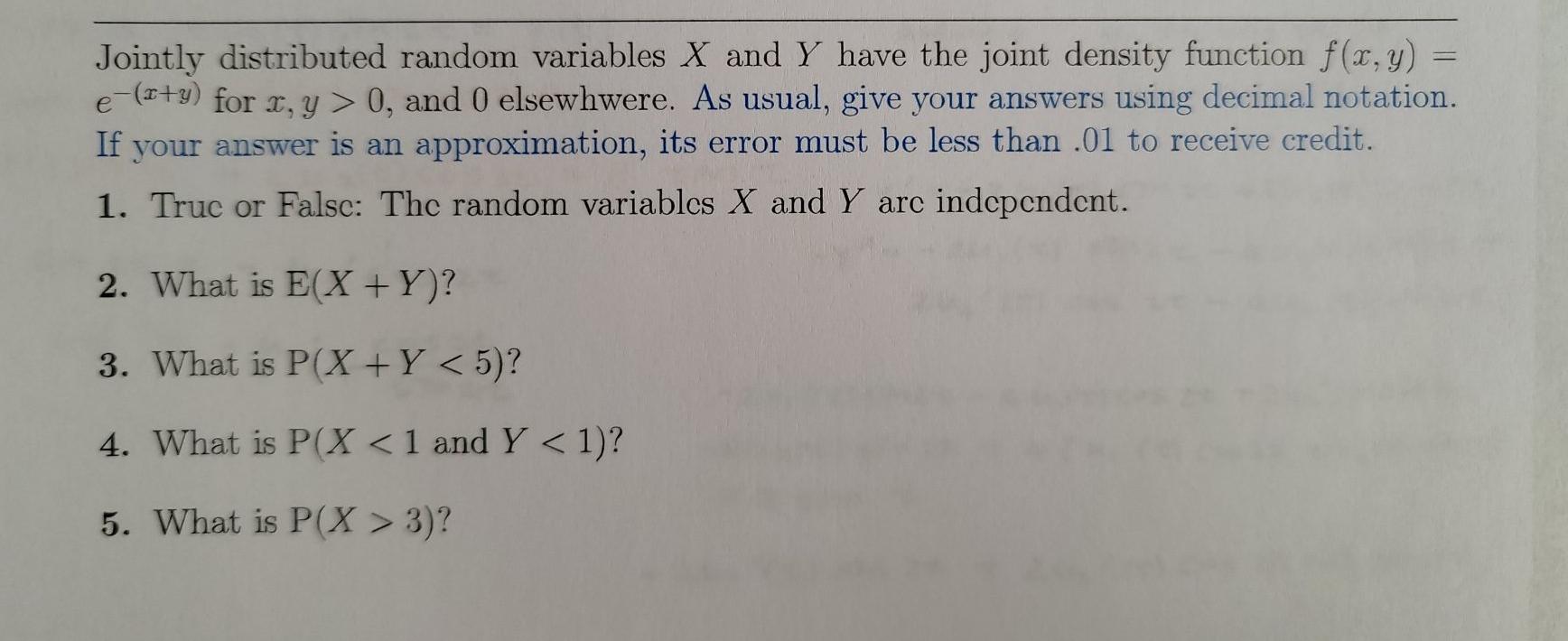 Solved Jointly distributed random variables X and Y have the | Chegg.com