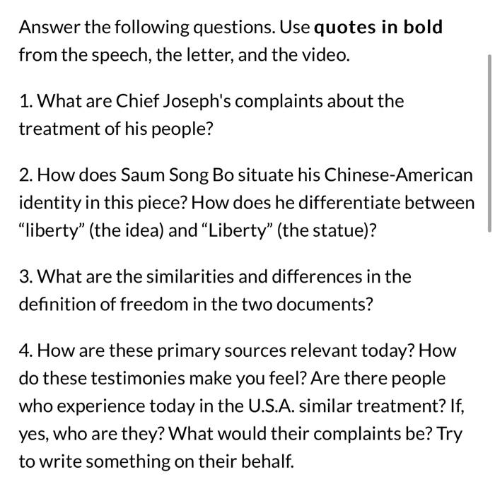 Speech of Chief Joseph of Nez Perce Indians on a | Chegg.com