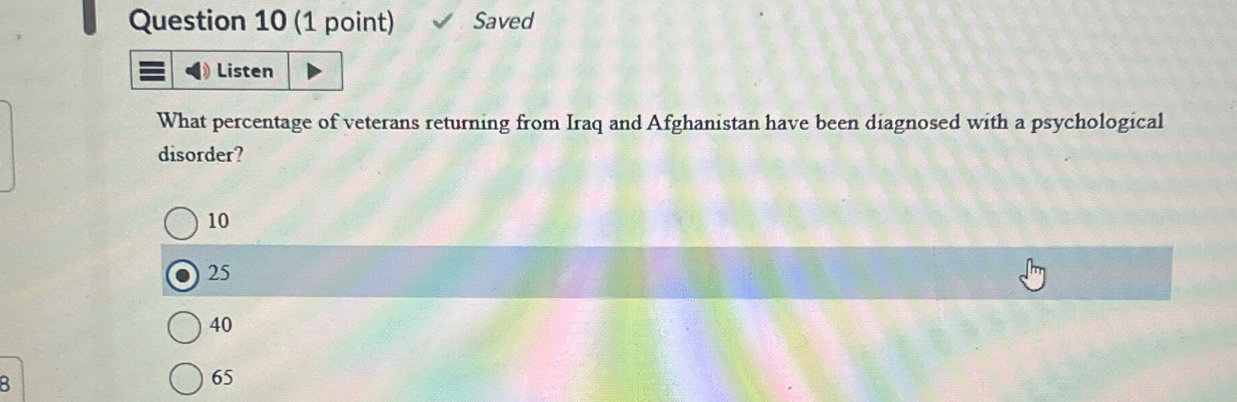 Solved Question 10 (1 ﻿point)Saved What percentage of | Chegg.com