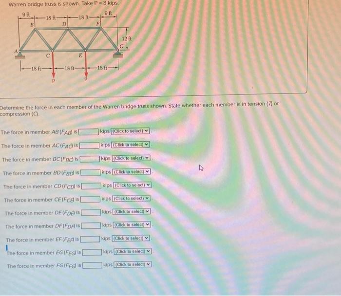 Solved Warren bridge truss is shown. Take P=8 kips, | Chegg.com