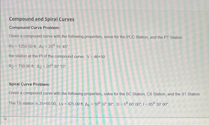 Solved given a compound curve with the following properties | Chegg.com