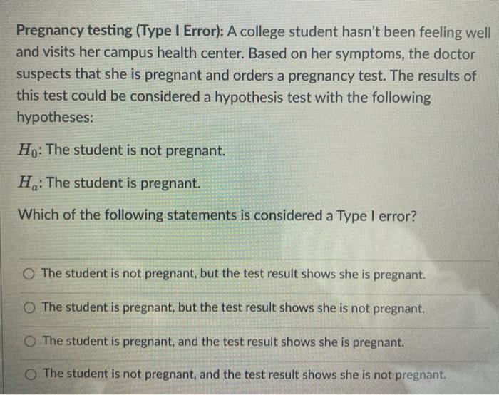 Solved Pregnancy testing (Type 1 Error): A college student | Chegg.com