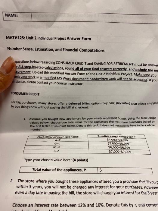 Solved NAME: MATH125: Unit 2 Individual Project Answer Form | Chegg.com