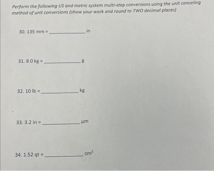 Solved Perform the following US and metric system multi-step | Chegg.com