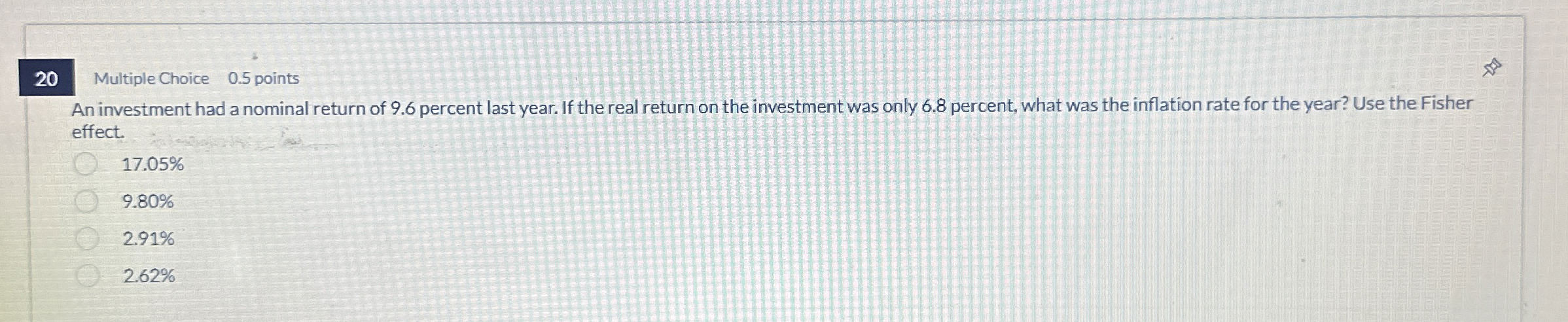 Solved 20 ﻿Multiple Choice 0.5 ﻿pointsAn investment had a | Chegg.com