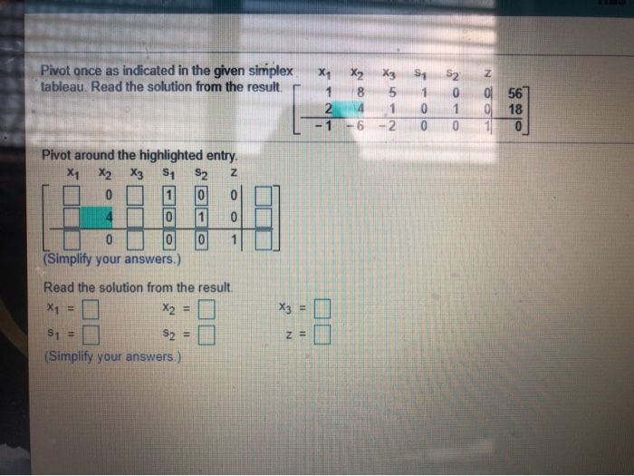 Solved Pivot Once As Indicated In The Given Simplex Tableau