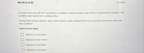 Solved Part B (2 ﻿of 5)6 ﻿tries leftA couple has a son with | Chegg.com