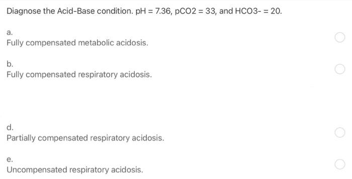 Solved Diagnose the Acid-Base condition. pH = 7.36, PCO2 = | Chegg.com