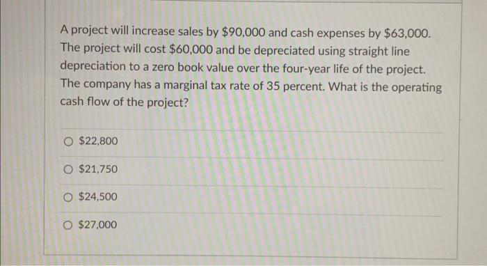 Solved A project will increase sales by $90,000 and cash | Chegg.com
