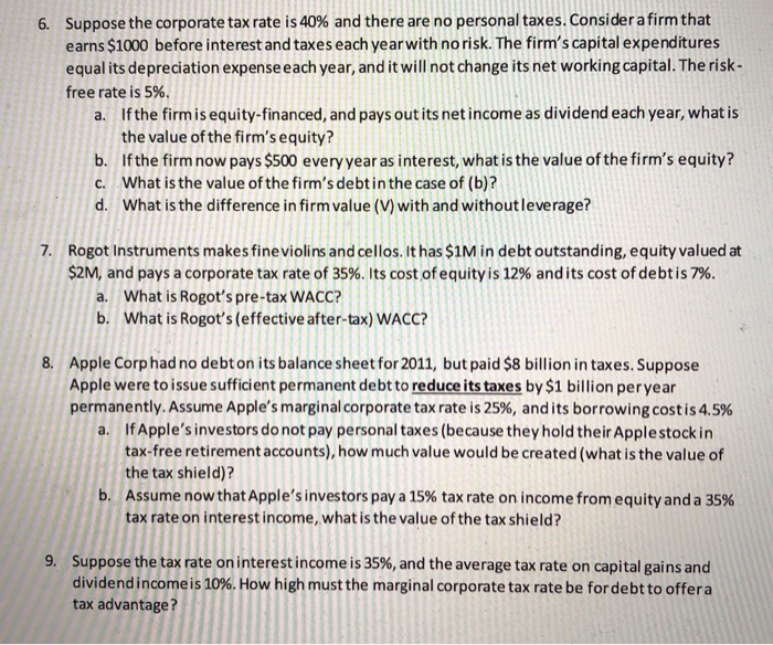 Solved 6. Suppose the corporate tax rate is 40% and there | Chegg.com