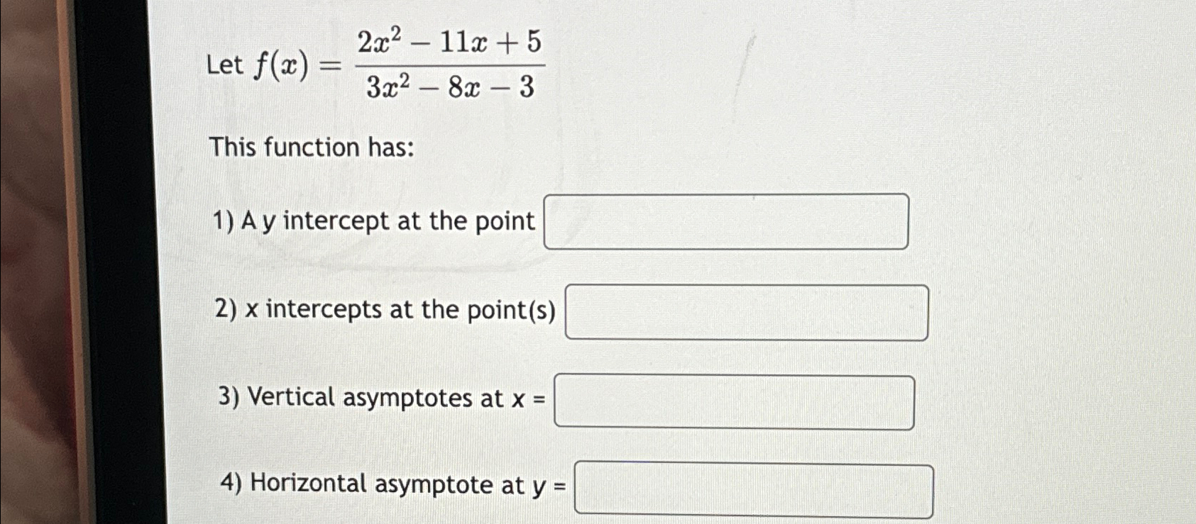 Solved Let f(x)=2x2-11x+53x2-8x-3This function has:A y | Chegg.com
