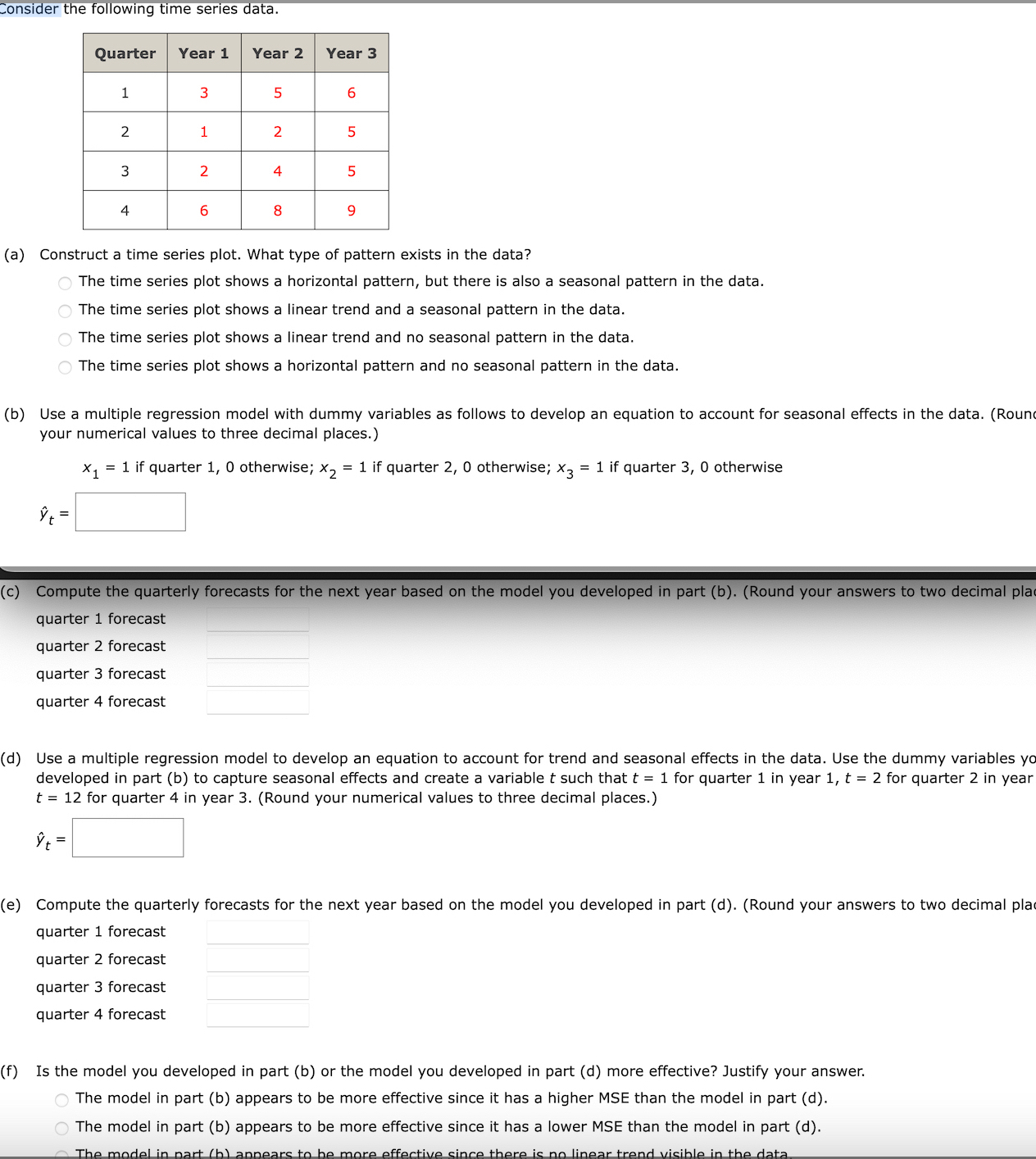 Solved Consider the following time series data.Quarter Year | Chegg.com