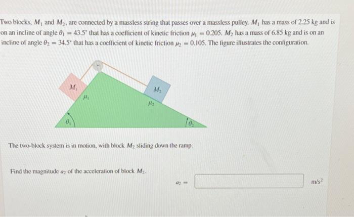 Solved Two blocks, M1 and M2, are connected by a massiess | Chegg.com