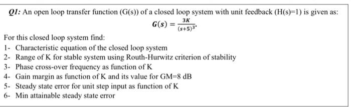 Solved Q1: An open loop transfer function (G(s)) of a closed | Chegg.com