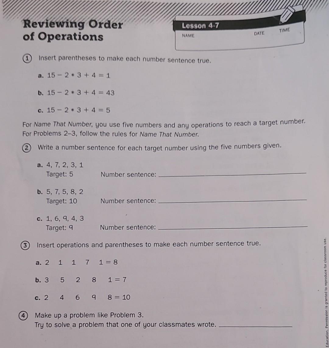 Solved Reviewing Order of Operations (1) Insert parentheses | Chegg.com
