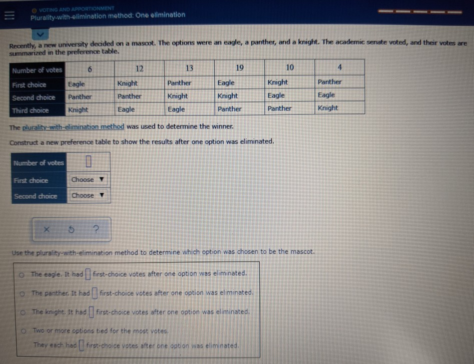 Solved VOTING AND APPORTIONMENT Plurality-with-elimination | Chegg.com