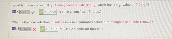 Solved What is the molar solubility of manganese sulfide | Chegg.com