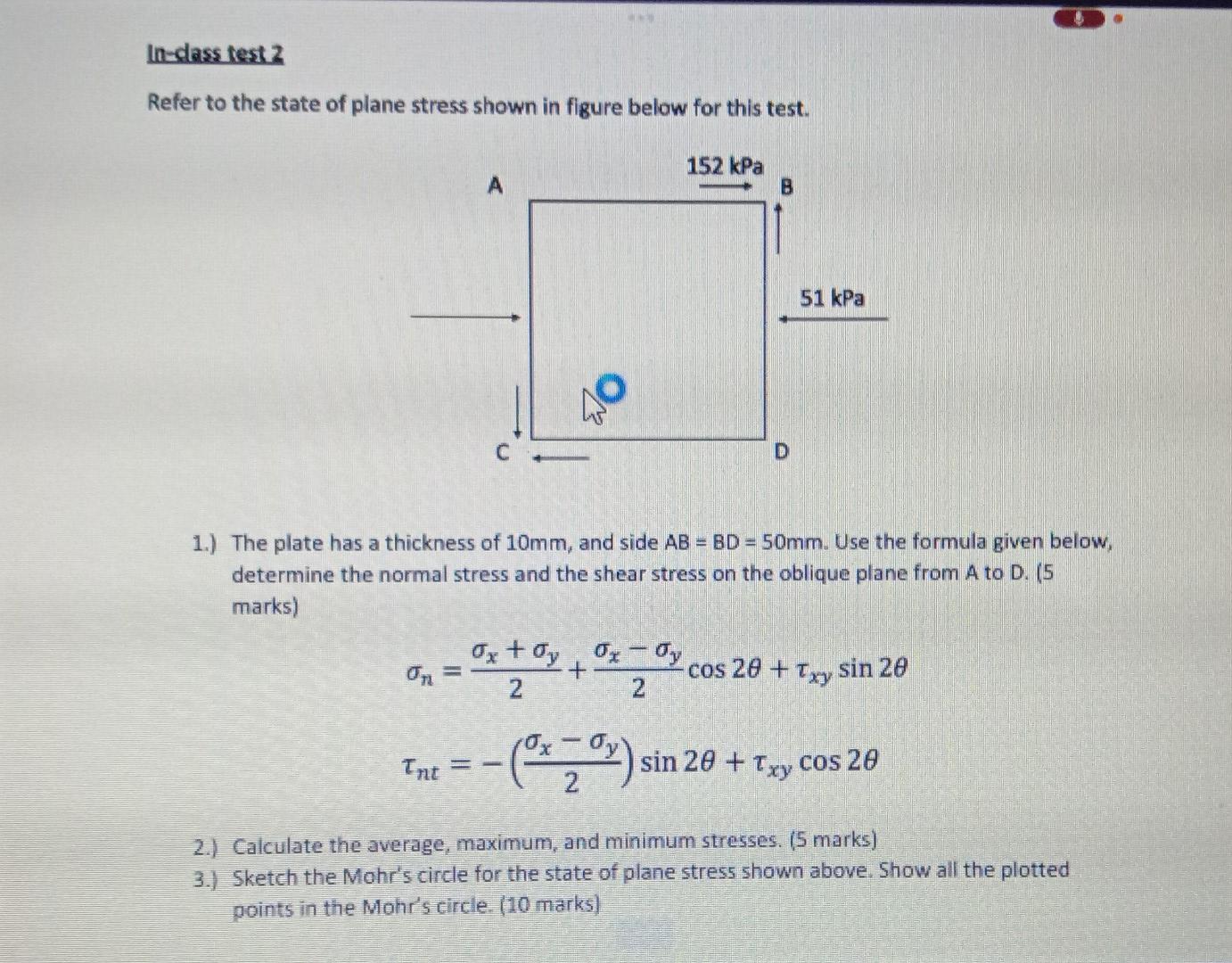 Solved In-class test 2 Refer to the state of plane stress | Chegg.com
