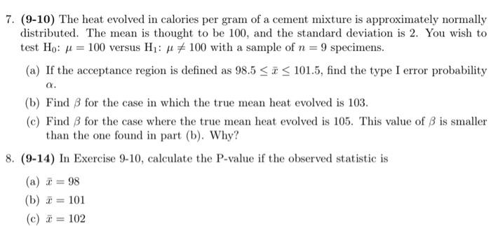 Solved 8. (9-14) In Exercise 9-10, calculate the P-value if | Chegg.com