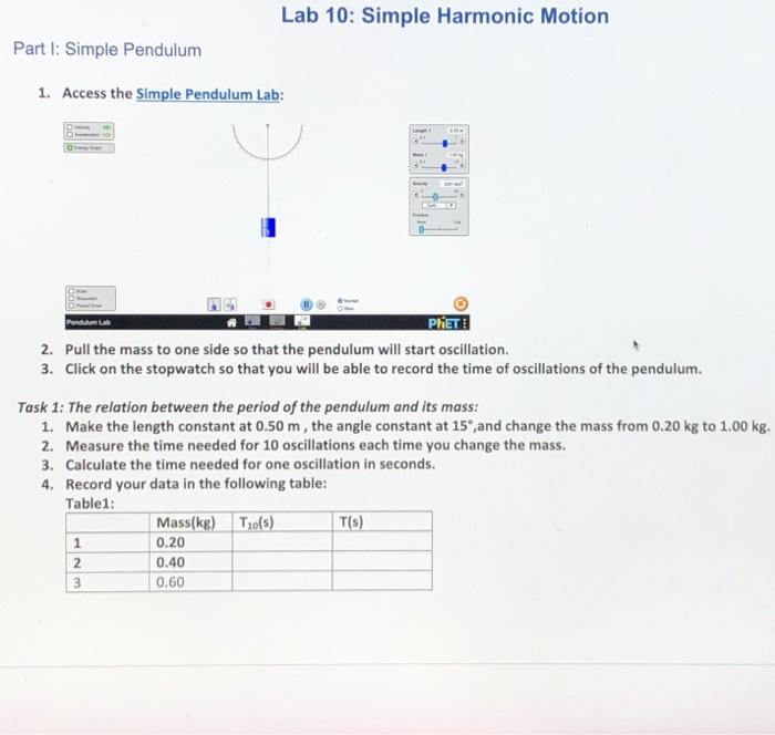 Lab 10: Simple Harmonic Motion Part I: Simple | Chegg.com