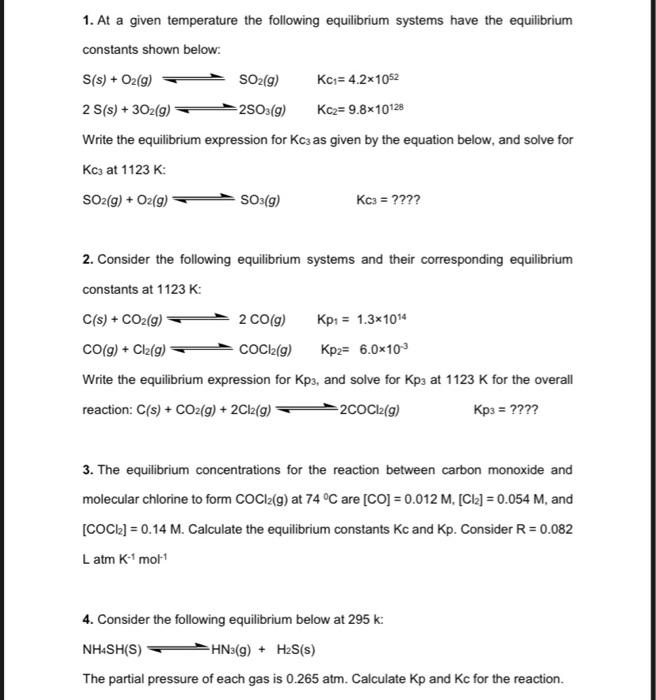 Solved 1. At a given temperature the following equilibrium | Chegg.com