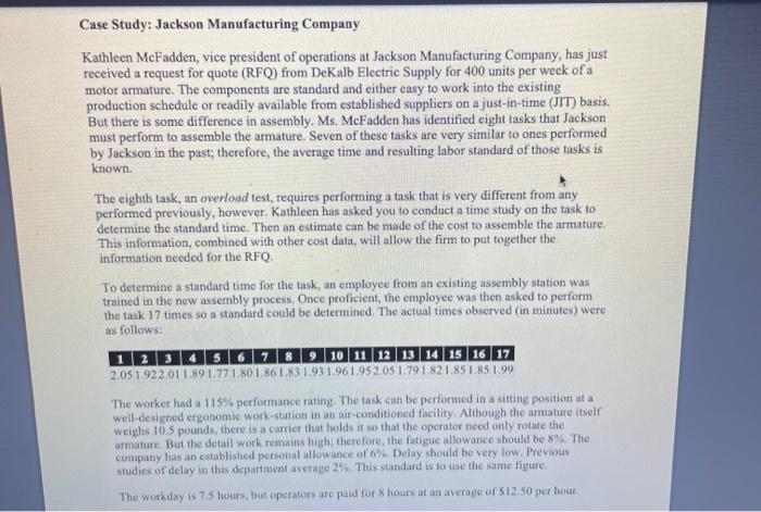 Solved Case Study: Jackson Manufacturing Company Kathleen | Chegg.com