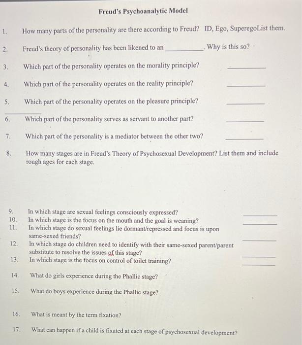 Solved Freud's Psychoanalytic Model 1. How many parts of the | Chegg.com