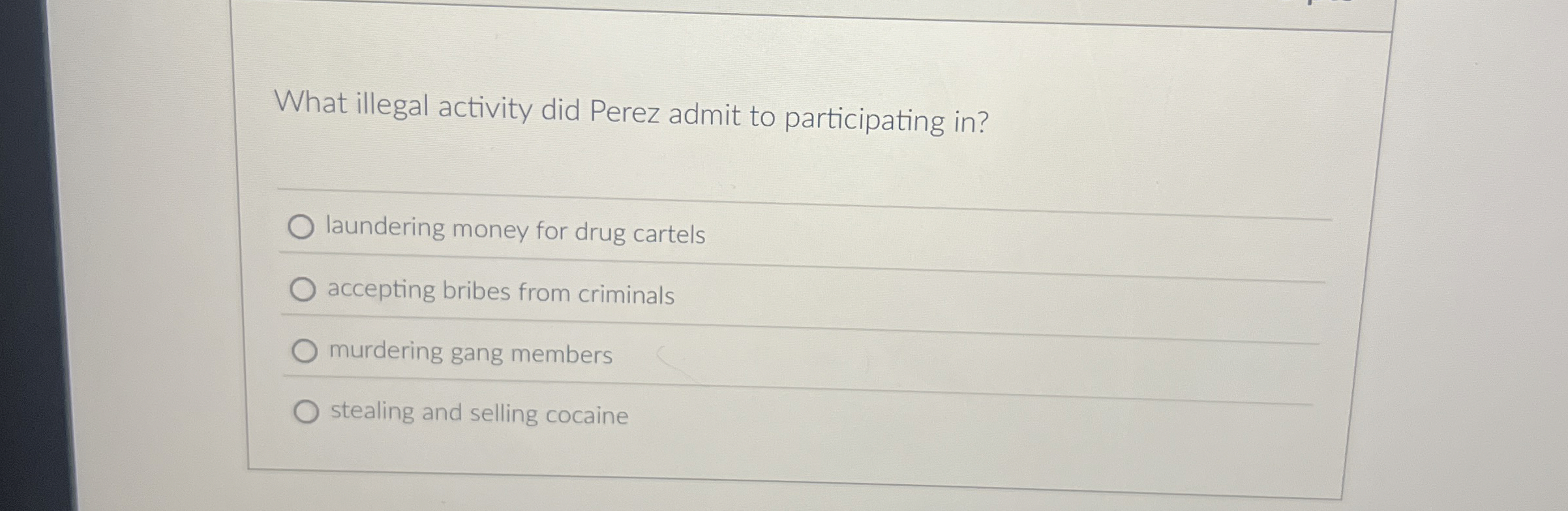 Solved What illegal activity did Perez admit to | Chegg.com