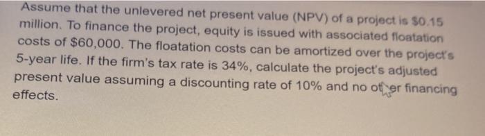 Solved Assume that the unlevered net present value (NPV) of | Chegg.com