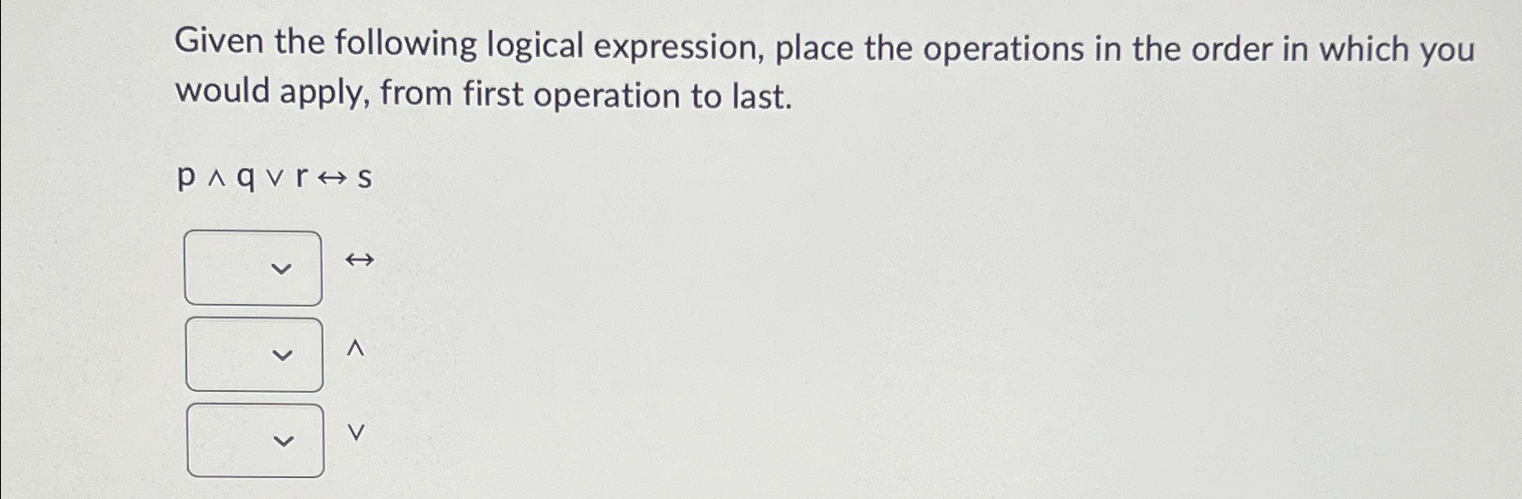 Solved Given the following logical expression, place the | Chegg.com