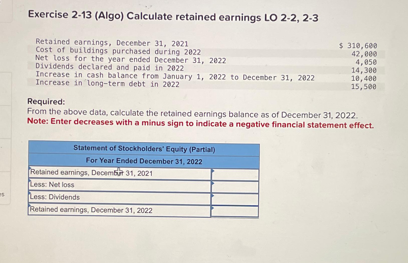 Solved Exercise 2-13 (Algo) ﻿Calculate retained earnings LO | Chegg.com