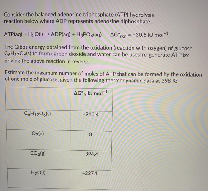 Solved Consider the balanced adenosine triphosphate (ATP) | Chegg.com