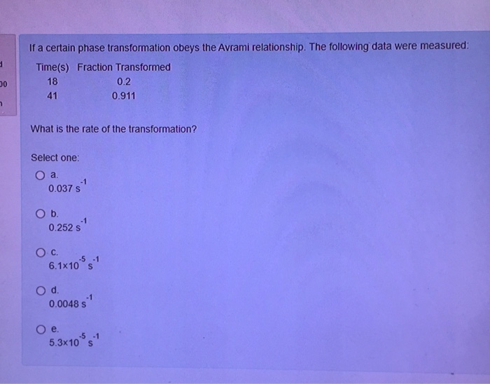 Solved If a certain phase transformation obeys the Avrami | Chegg.com