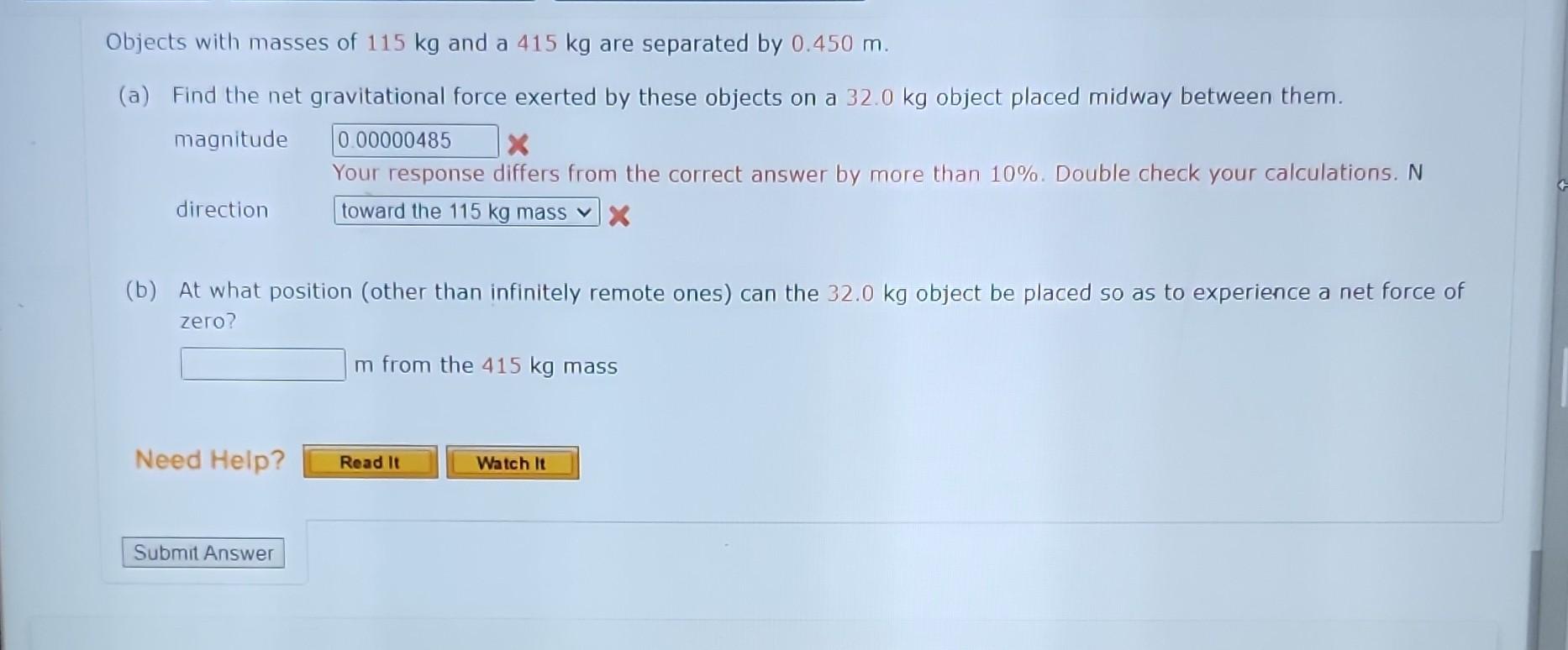 Solved Objects with masses of 115 kg and a 415 kg are | Chegg.com