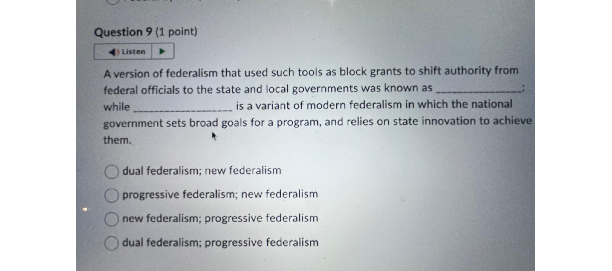 Solved Question 9 (1 ﻿point)ListenA version of federalism | Chegg.com