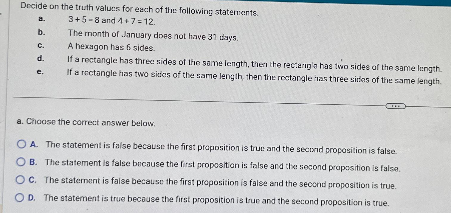 Solved Decide on the truth values for each of the following | Chegg.com