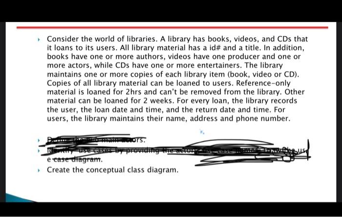 Solved Consider the world of libraries. A library has books, | Chegg.com