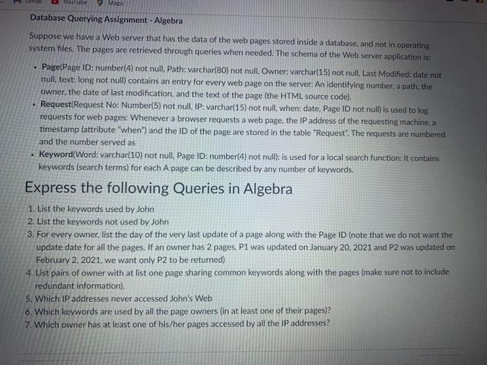 Solved Youtube Maps Database Querying Assignment - Algebra | Chegg.com