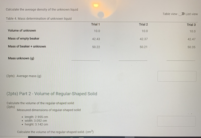 Solved Calculate the average density of the unknown liquid | Chegg.com