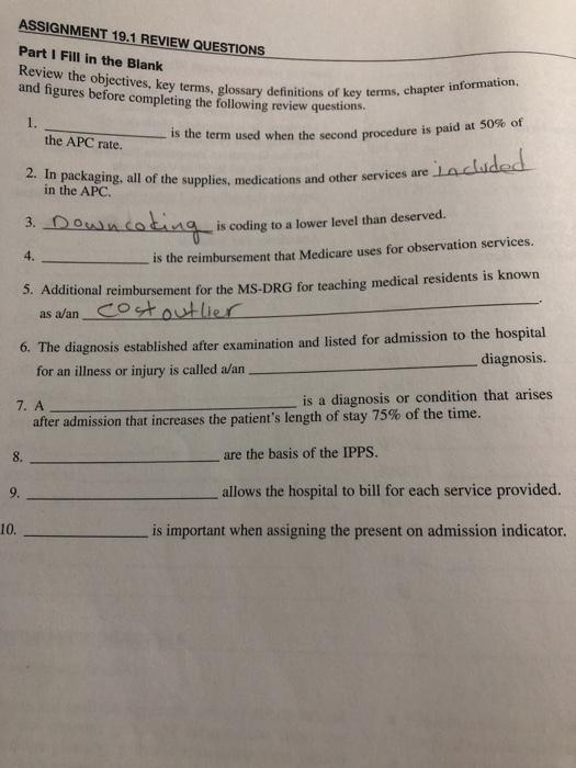 Solved ASSIGNMENT 19.1 REVIEW QUESTIONS Part I Fill in the | Chegg.com