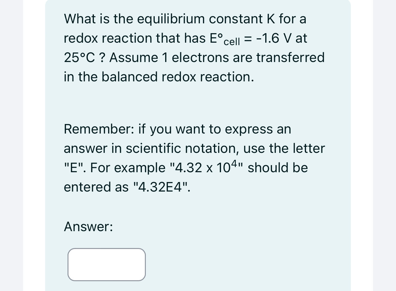 Solved What is the equilibrium constant K ﻿for a redox | Chegg.com