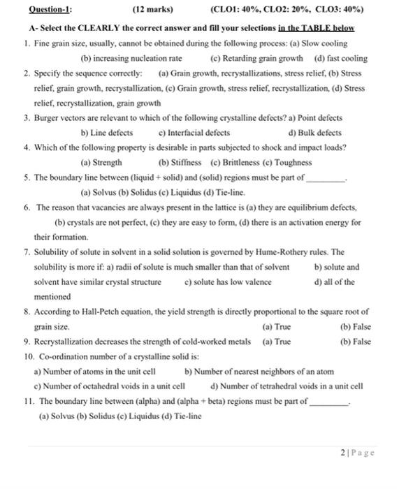 Solved Question-1: (12 marks) (CLO1: 40%, CLO2: 20%, CLO3: | Chegg.com