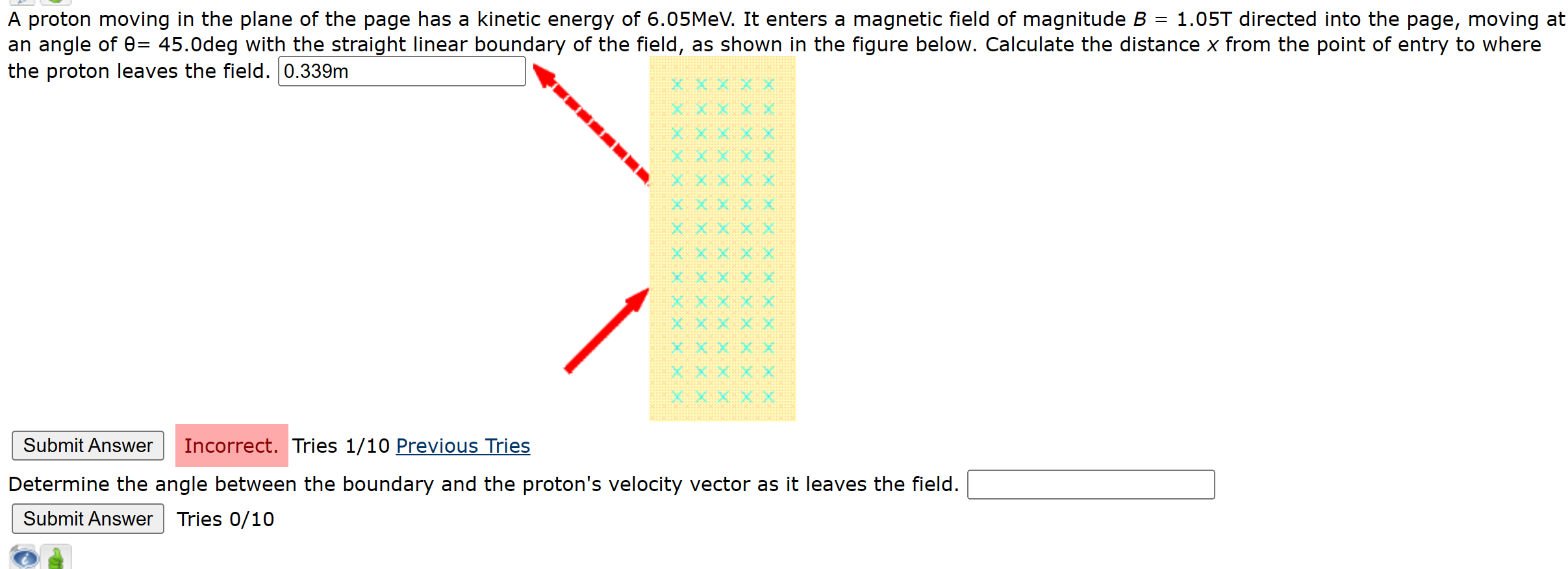 Solved A proton moving in the plane of the page has a | Chegg.com