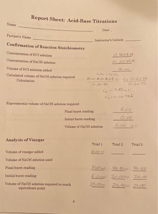 Solved Report Sheet: Acid-Base Titrations Name Date | Chegg.com
